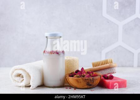 Rose petals water. Fermented beauty cosmetic Stock Photo - Alamy