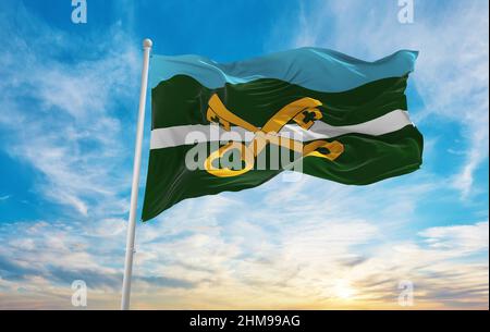 flag of Petersfield town at cloudy sky background on sunset. panoramic ...