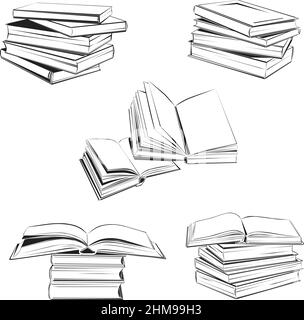 Contour of a stack of books from black lines isolated on a white ...