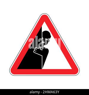 Attention Stalking. Warning red road sign. Caution man is watching and ...