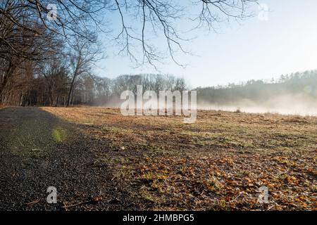 Misty Morning Scenic, sun flare Stock Photo - Alamy