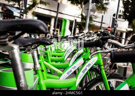 Tel Aviv, Israel - February 05, 2022 Accessible bicycles to hire for ...