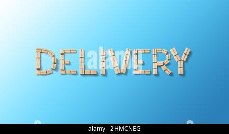 Word DELIVERY from cardboard boxes on pink background Stock Photo - Alamy