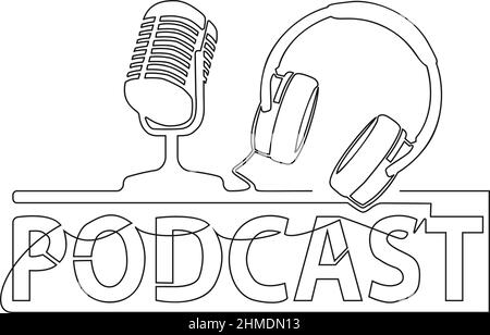 continuous line podcast logo with microphone, single line drawing ...