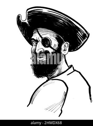 Cool man in hat. Ink black and white drawing Stock Photo - Alamy