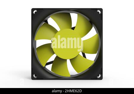Yellow Computer fan cooler isolated on white 3d image illustration ...