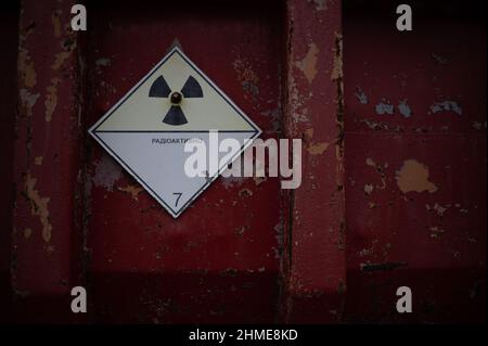 Radiation sign on a graveyard in abandoned Pripyat city in Chernobyl ...
