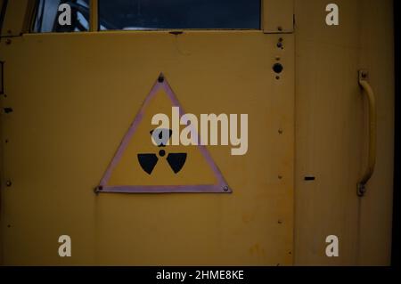Radiation sign on a graveyard in abandoned Pripyat city in Chernobyl ...