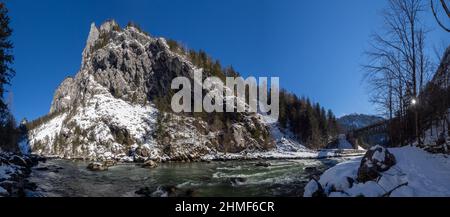 Winter landscape, river Enns and rock faces of the Hochtorgruppe ...