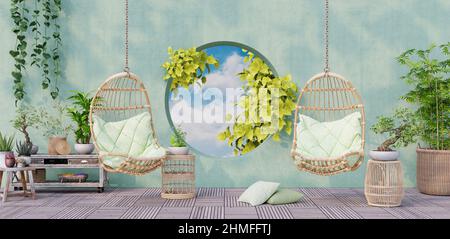 Modern and comfortable home outdoor relaxing area at the balcony or ...