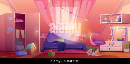 Kids untidy and messy room. Child scattered toys. Children's room. Mess in the house. Vector ...