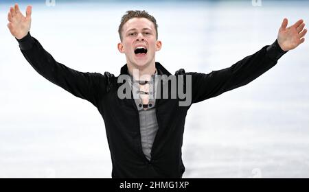 Nikolaj Majorov, of Sweden, reacts after the men's short program figure ...