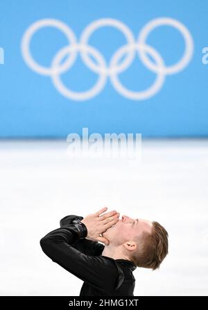 Nikolaj Majorov, of Sweden, reacts after the men's short program figure ...