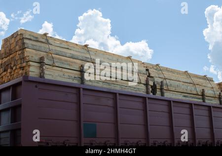 Full rail cars of timber against the sky Stock Photo - Alamy