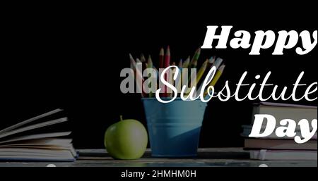 Image of happy substitute day text over school items icons on green ...