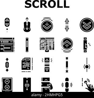 Scrolling down black glyph icons set on white space. Computer mouse and arrowheads in circles ...