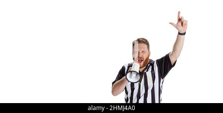 Emotional young man with megaphone on color background Stock Photo - Alamy