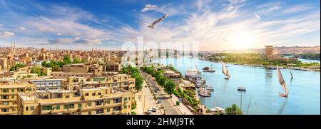Panorama of Aswan and the Nile from above, beautiful scenery of Egypt ...