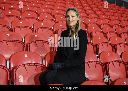 Jenna Brooks Sky Sports rugby league reporter during filming at The ...