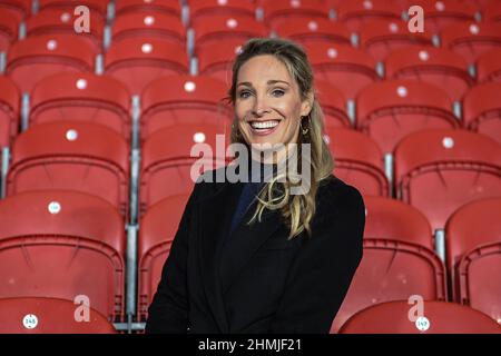 Jenna Brooks Sky Sports rugby league reporter during filming at The ...