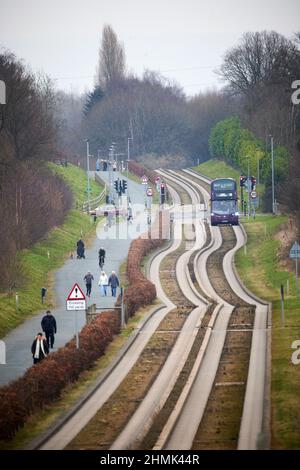 First buses Vantage V1 bus route, guided section purple-liveried Wright ...