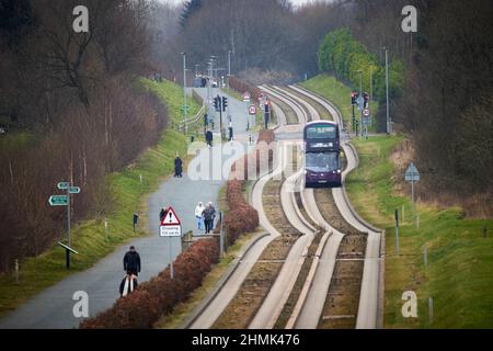 First buses Vantage V1 bus route, guided section purple-liveried Wright ...