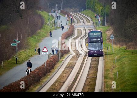 First buses Vantage V1 bus route, guided section purple-liveried Wright ...