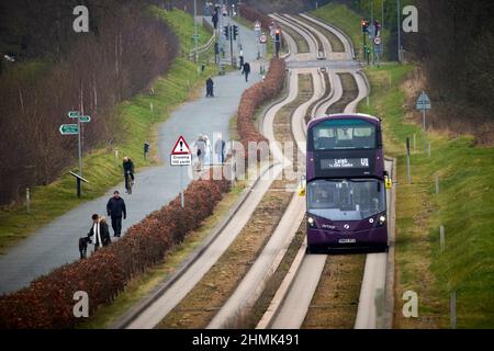 First buses Vantage V1 bus route, guided section purple-liveried Wright ...