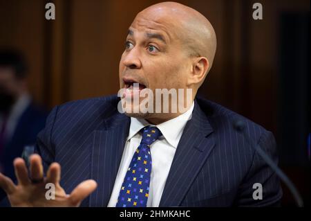 Sen. Cory Booker, D-N.J., speaks to reporters after a Senate policy ...