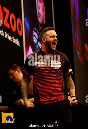 Gerwyn Price celebrates his win over Connor Scutt on day four of the ...