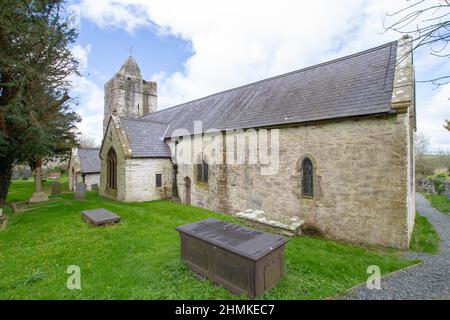 Porch and entrance to St Mechell's Church, a medieval church in the ...