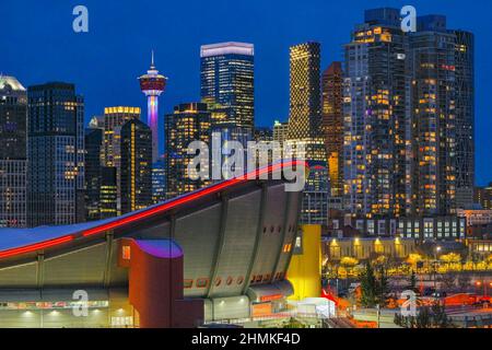 City skyline with Calgary Tower and Saddledome arena, Calgary, Alberta ...