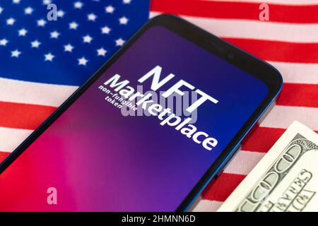 NFT marketplace in USA, United States of America flag background. Non ...