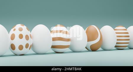 Row of funny easter eggs decorated with different colors and designs ...