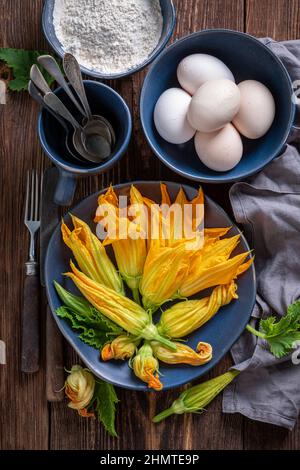 Healthy fried zucchini flower as unique summer vegetarian snack. Squash ...