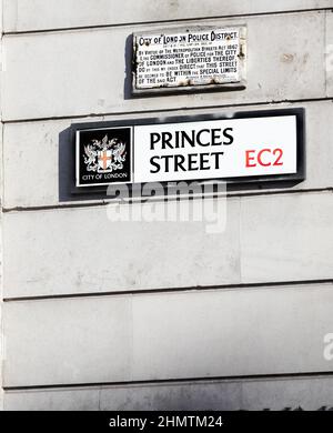 Street sign for Princes Street, EC2, in the City of london, England ...