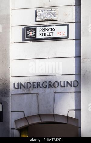 Street sign for Princes Street, EC2, in the City of london, England ...