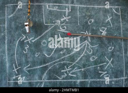 Whistle of soccer referee or trainer, pointer and soccer tactics ...