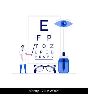 Ophthalmology doctor standing near eye test chart. Ophthalmic table for ...