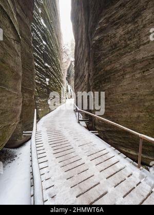 Rocky labyrinth of Adrspach rocky park. Christmas time visit. Hiking ...