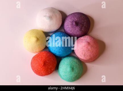 Selective focus on very colorful marshmellow candy on a white ...