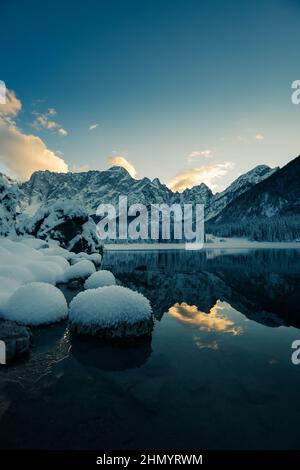 Frosty winter sunset at the lakes of Fusine, Friuli Venezia Giulia ...