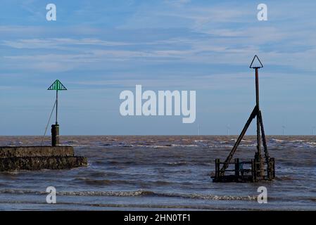 Old Victorian groyne marker marking the end of a groyne at Clacton on ...