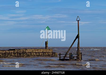 Old Victorian groyne marker marking the end of a groyne at Clacton on ...