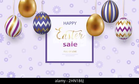 Easter poster template with 3d realistic Easter eggs, bunny and Carrot ...