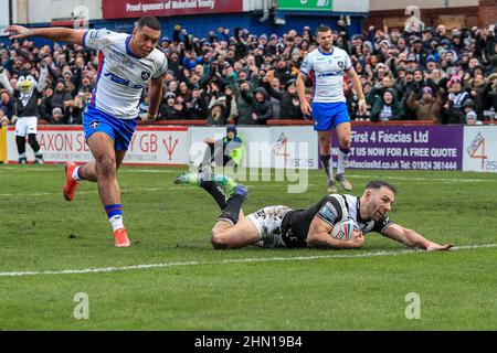 Luke Gale #7 of Hull FC goes over for a try to open the score for Hull ...
