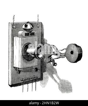 Edison telephone in a wall-mounted box. Wood engraving, New York, 1890 ...