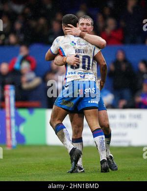 Corey Hall of Wakefield Trinity celebrates scoring a try during the ...