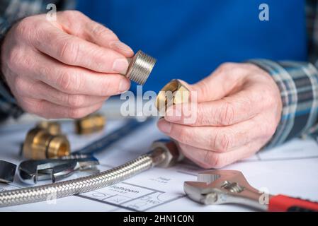 Plumber hands using plumbing fittings. panoramic banner Stock Photo - Alamy