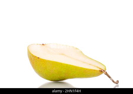 One half organic sweet pear and one whole pear, macro, isolated on ...